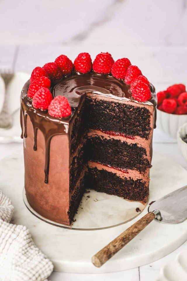 Chocolate Raspberry Cake with Ganache & Raspberry Filling