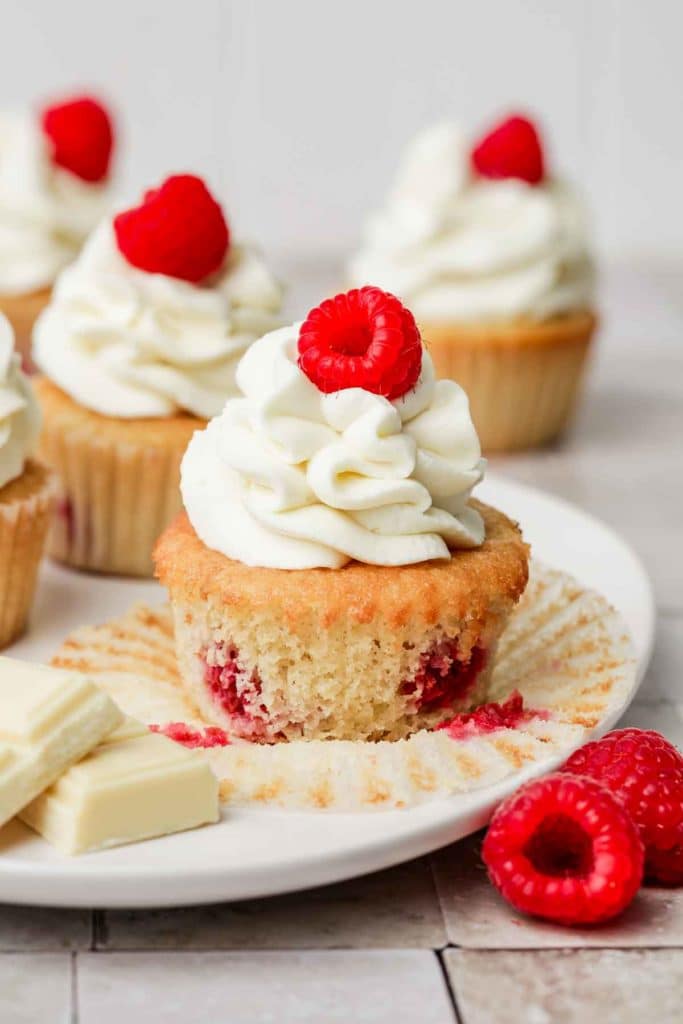 White Chocolate Raspberry Cupcakes with Ganache Frosting