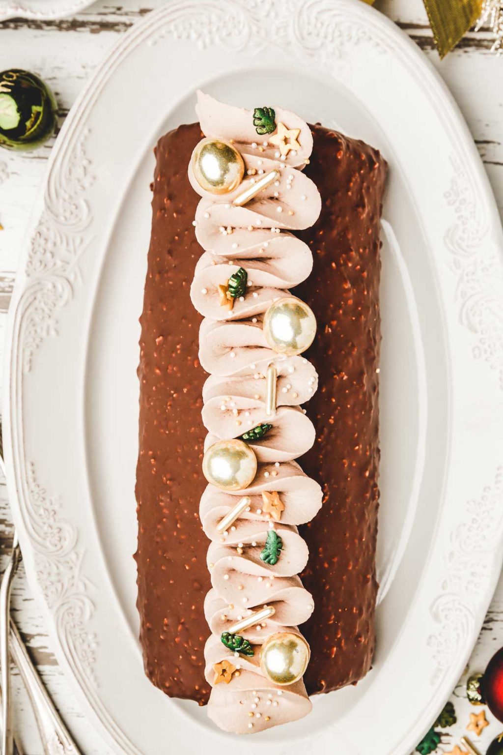 Chocolate Yule Log (Christmas Roll) with Chocolate Rocher Glaze