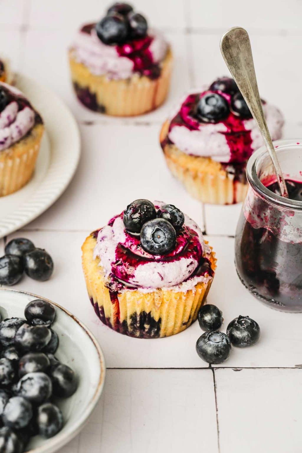 Fluffy Vanilla Blueberry Cupcakes with Blueberry Frosting