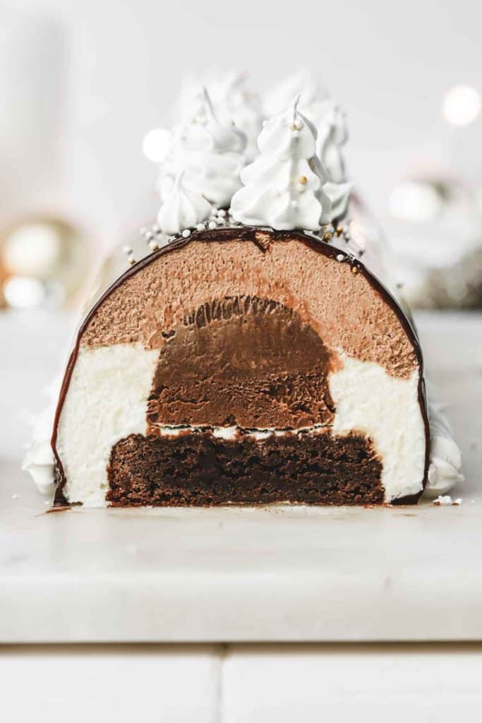 Triple Chocolate Log Cake with Chocolate Glaze and Meringues